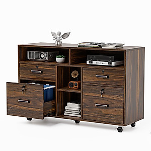 VINGLI Wide 4 Drawer File Cabinet with Lock, Wood Lateral File Cabinet with Open Shelves, Lockable Rolling File Cabinets for Home Office, Dark Brown File Cabinet Printer Stand, Letter Sized