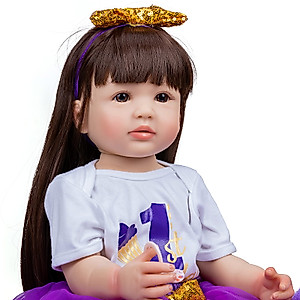 TERABITHIA 22 Inches Cute Alive Handmade Long Brown Hair Reborn Baby Doll Crafted in Silicone Vinyl Full Body Anatomically Correct Realistic Newborn Princess Toddler Girl Dolls Purple Gift Set