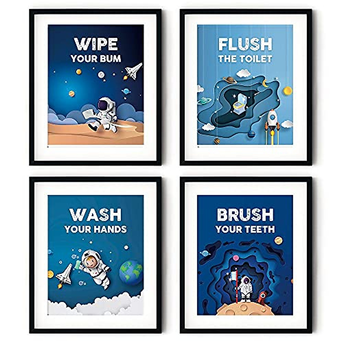 FALJIOK Funny Bathroom Outer Space Planet Wall Art Prints Decor, Bathroom Sign Brush Wash Brush, Bathroom Gift for Kids Son Brother Grandson Set of 4 (8”X10”) Unframed