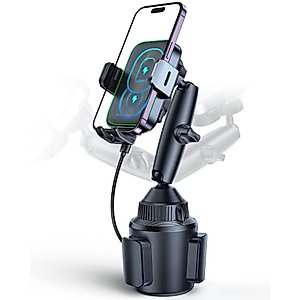 APPS2Car Dual Coil Wireless Car Charger Auto Clamping 15W Cup Holder Phone Mount Wireless Charger Fast Charge Tri-Pivots Height Angle Adjustable Phone Holder for Car Truck iPhone 14 13 Samsung S23 S22