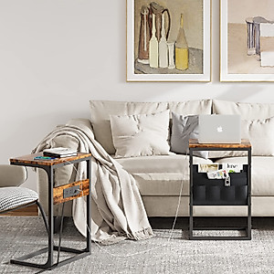 C Table End Table with Charging Station, Side Table with USB Ports and Outlets for Small Spaces, Nightstand with Metal Frame for Living Room, Bedroom, Office, Rustic Brown and Black HCT002