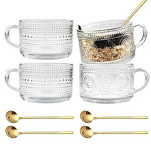 Vozoka 4 pcs Set Vintage Glass Coffee Mugs, 14oz Clear Embossed Glass Cups, Latte Mugs, Coffee Bar Accessories, Iced Coffee Cups, for Cappuccino, Latte, Yogurt, Milk, Hot or Cold Beverages