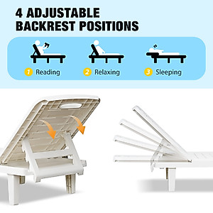 LUCKYERMORE Outdoor Chaise Lounge Set of 3, Patio Lounge Chairs for Outside, 74" Pool Lounge Chairs w/ 4 Level Adjustable Backrest, 350lbs Weight Capacity Plastic White Pool Furniture, Waterproof