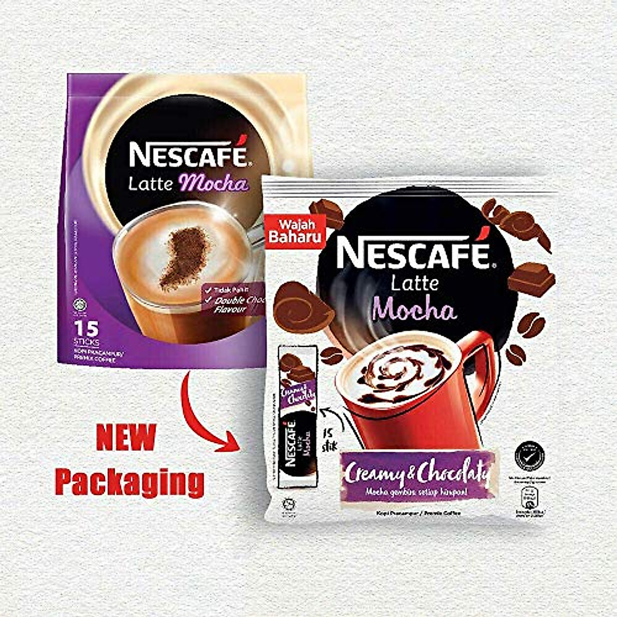 Nescafe 3 in 1 MOCHA Coffee Latte - Instant Coffee Packets - Single Serve Flavored Coffee Mix (15 Sticks)