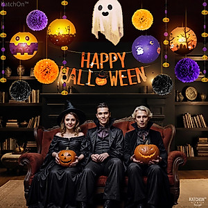 KatchOn, Happy Halloween Decorations - Pack of 14 | Halloween Pompom, Halloween Party Decorations | Halloween Lanterns, Hanging Halloween Decorations | Purple and Black Halloween Theme Party Supplies