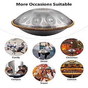 Handpan-Premium 432HZ 22 Inches 10 Notes D Minor Steel Hand Pan Drum Set,Silver Print Adults Handpan Drum