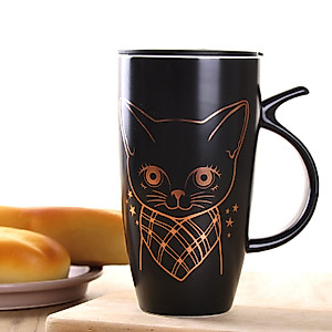WHJY 20oz Large Black Cute Cat Ceramic Coffee Mug Cup with Splash-proof Lid, Cat Tail Shape Handle, Animal Cat Mug Tumbler (black)