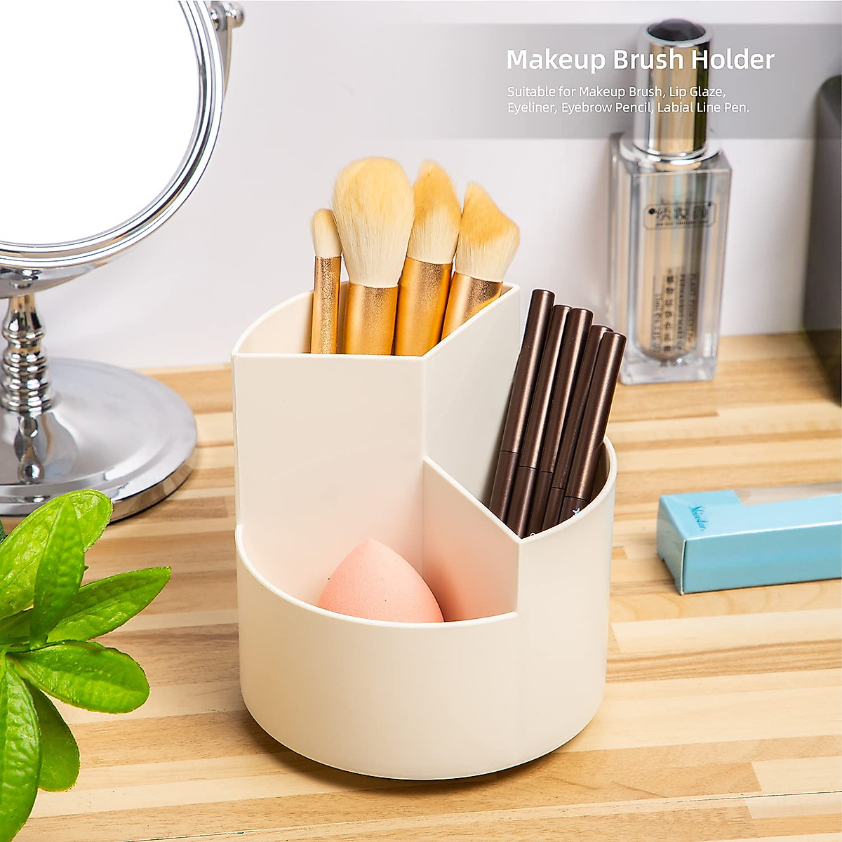 Desk Pencil Pen Holder, 3 Slots 360-Degree Spinning Pencil Pen Desk Organizers, Desktop Storage Pen Organizers Stationery Supplies, Cute Pencil Cup Pot for Office, School, Art Supply, Kids - White