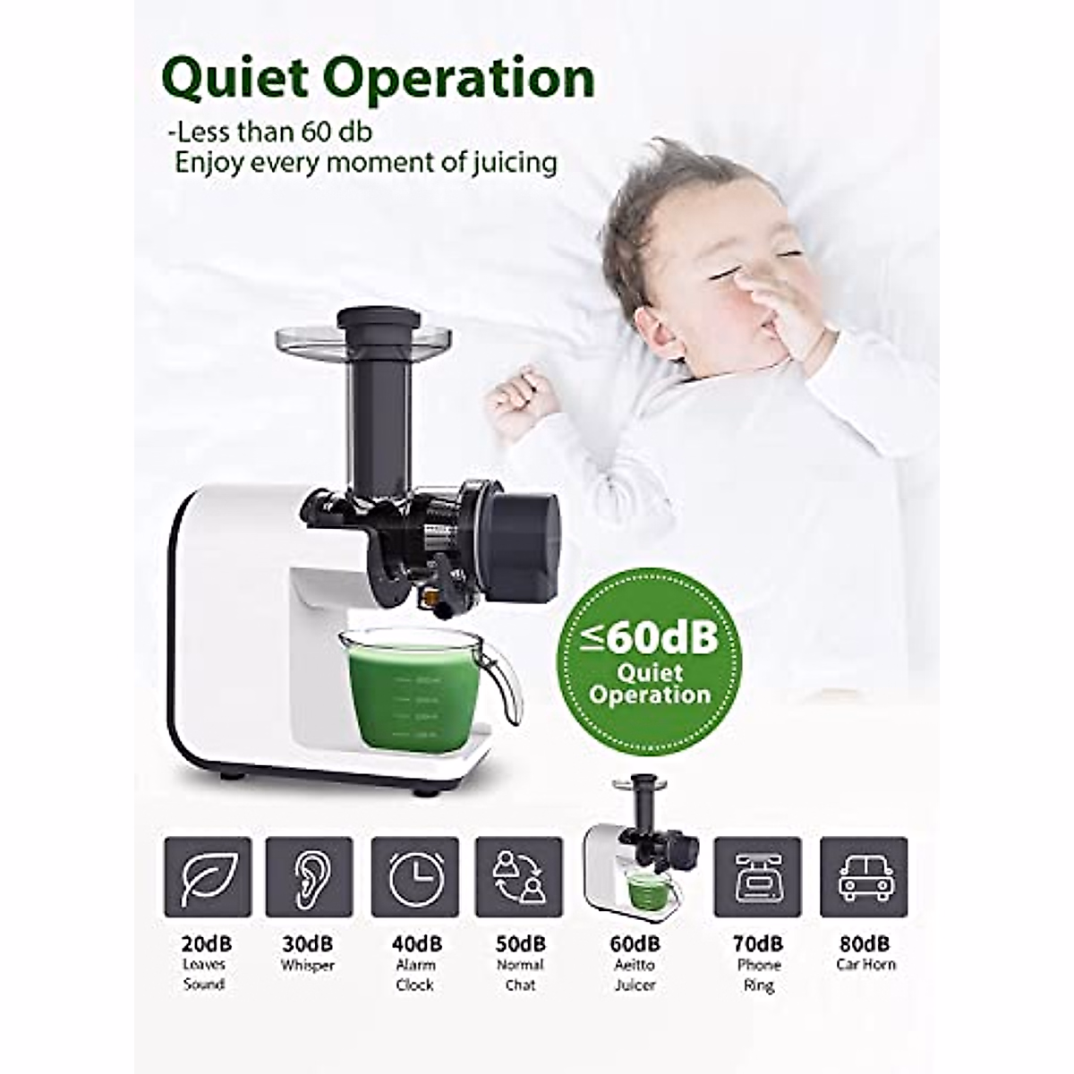 Aeitto Cold Press Juicer, BPA Free Slow Juicer, Easy to Clean, Juicer Machines with Quiet Motor & Reverse Function, Masticating Juicer for Vegetable and Fruit