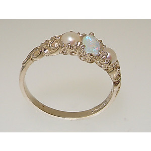 LetsBuyGold 925 Sterling Silver Natural Opal & Cultured Pearl Womens Trilogy Ring - Size 6.75