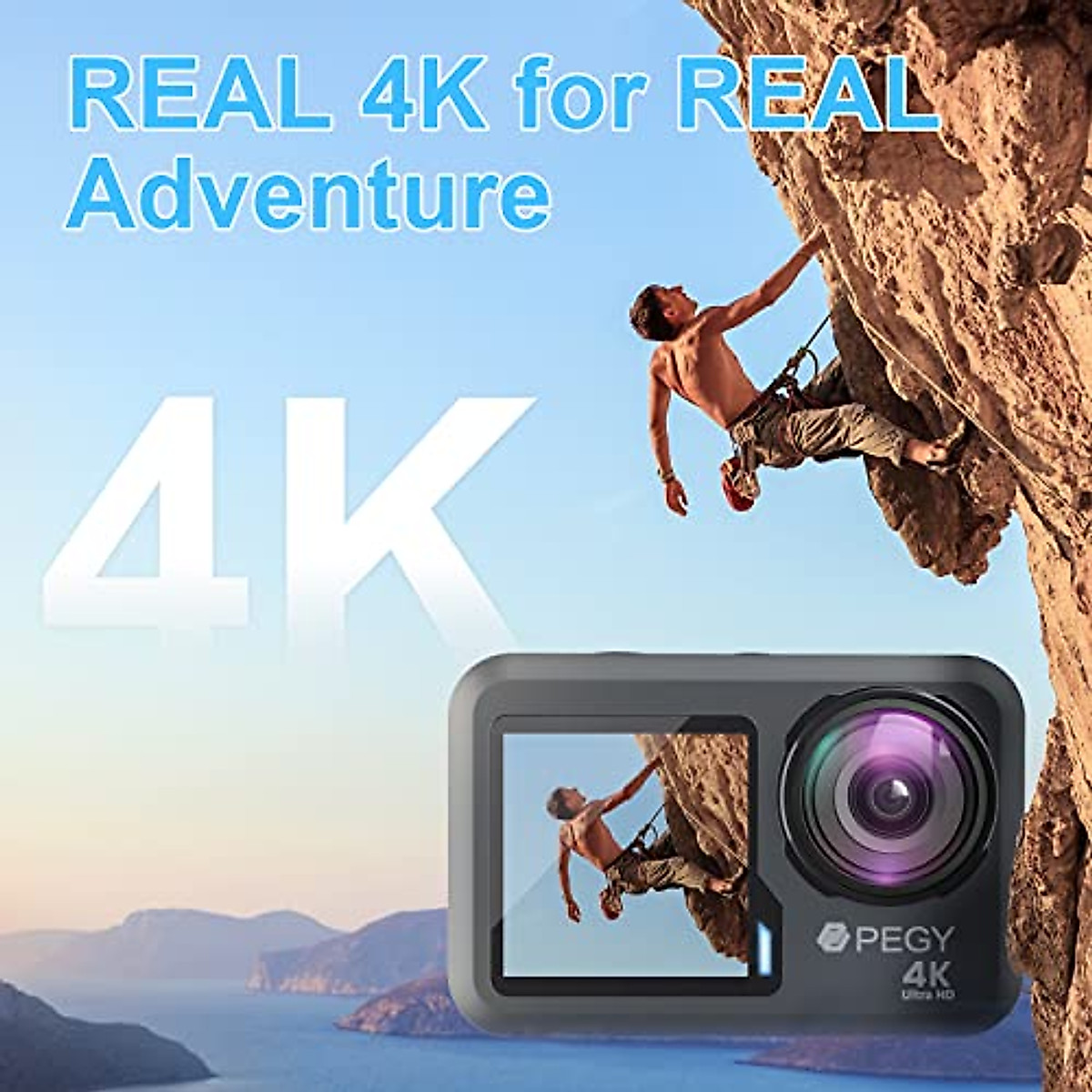 PEGY Dual Screen 4K Action Camera 60FPS 65ft Sports Camera,Underwater Camera for Snorkeling,6 Axis EIS,WiFi Touch Screen with 2 Batteries,32GB Memory Card,Helmet Mounting Accessories