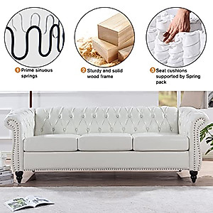Wlvos 84" Leather Chesterfield Sofas for Living Room, Rolled Arm 3-Seater Large Couch Deep Button Nailhead Tufted Upholstered Couches for Bedroom, Office Apartment Easy to Assemble (Beige)