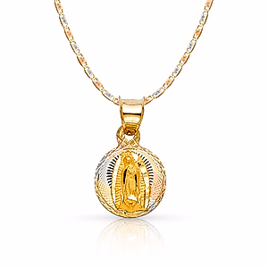 Ioka 14K Tri Color Gold Diamond Cut Our Lady of Guadalupe Stamp Charm Pendant with 1.5mm Valentino Chain Necklace - 20"