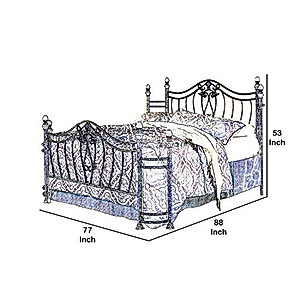 Benjara Metal Queen Headboard and Footboard with Swirling Floral Motifs, Antique Gold