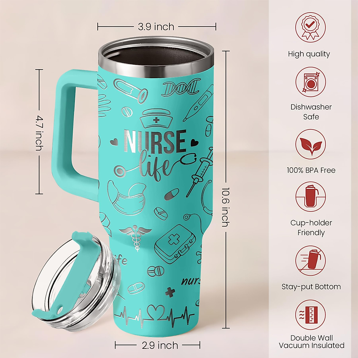 Nurse Gifts for Women, Nurse Tumbler with Handle 40oz Stainless Steel Coffee Cup with Straw Lid, Nursing Gift for Female Nurses, Nurse Appreciation Gift for Graduation Christmas Birthday Nurse Week