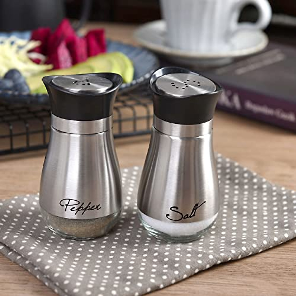 Salt and Pepper Shakers Set with Stainless Steel Lid and Glass Bottle,for Kitchen Table, RV, Camp, BBQ (Sliver)