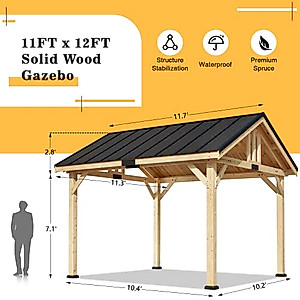 Erinnyees 12' x 11' Solid Spruce Wood Hardtop Gazebo with Waterproof Asphalt Roof for Lawn, Garden, Deck, Patio