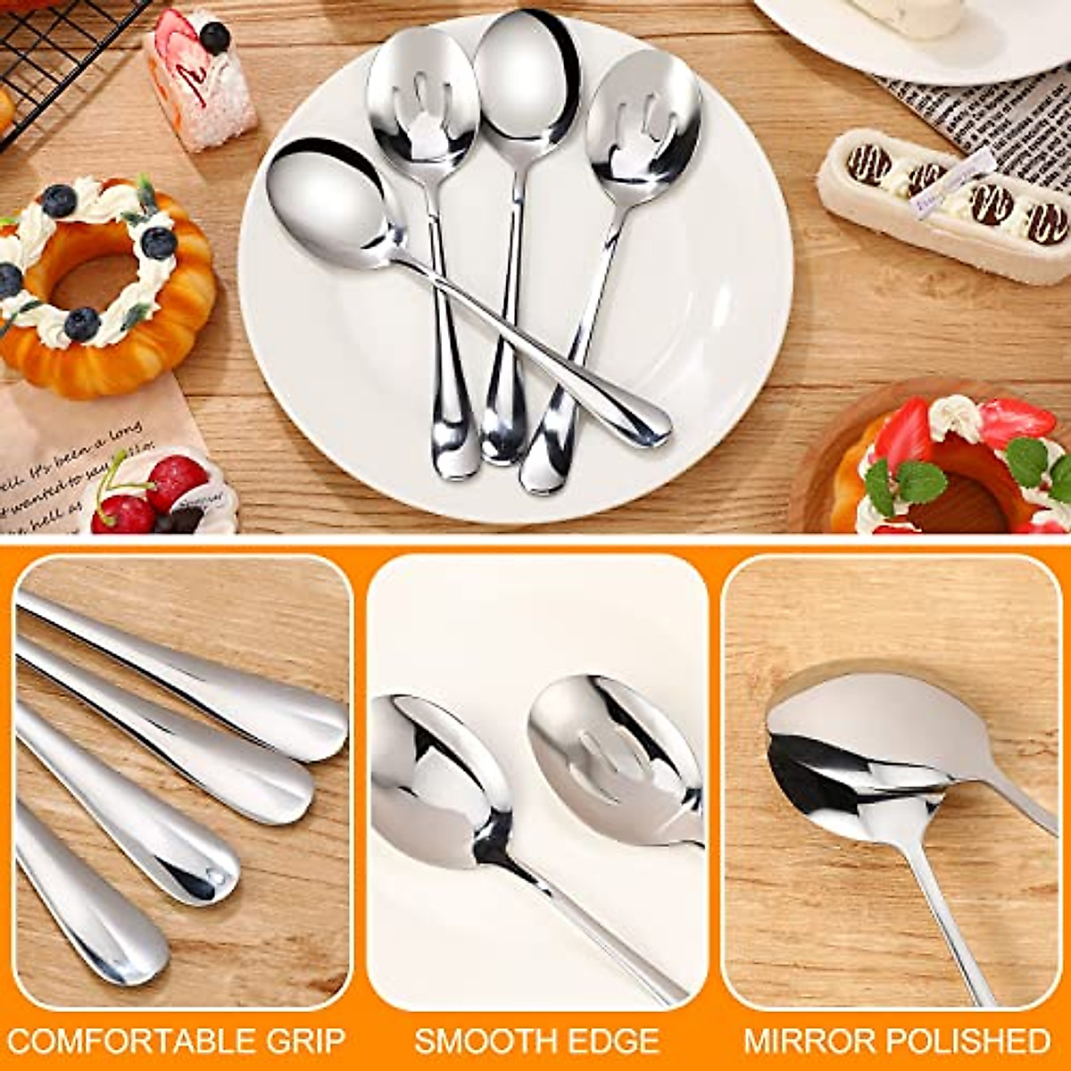 Wilzing 24 Pieces 8.5 Inch Serving Spoons Set Including 12 Serving Spoon and 12 Slotted Spoons Stainless Steel Buffet Serving Utensils for Christmas Kitchen Cooking Banquet, Mirror Polished, Silver