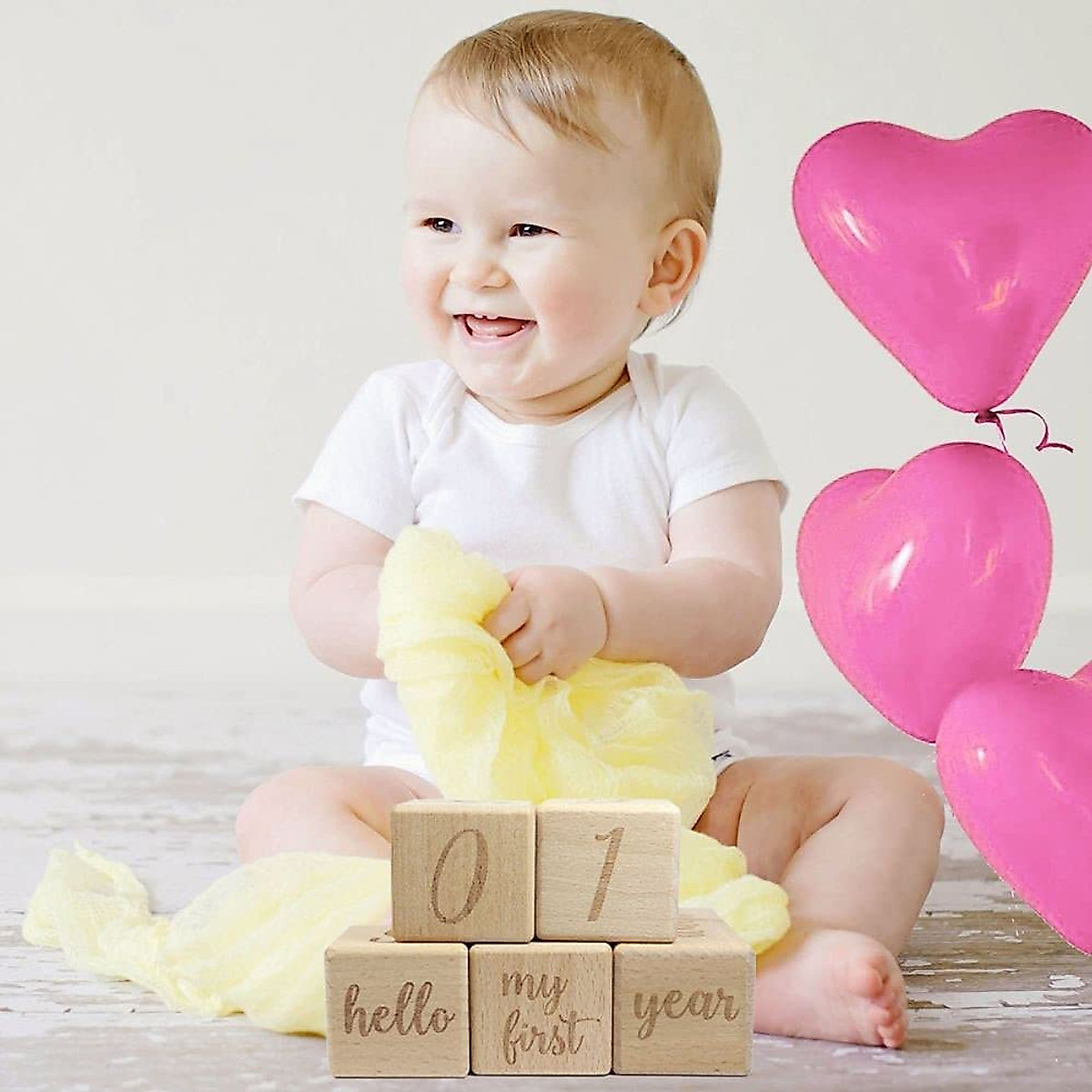 Baby Milestone Blocks - Monthly Baby Milestone Wood Blocks for Keepsake Photography - Set of 6 Baby Age Blocks for Pictures Ages Newborn to Weeks, Months, Years with Welcome Baby Age Sign & Bag