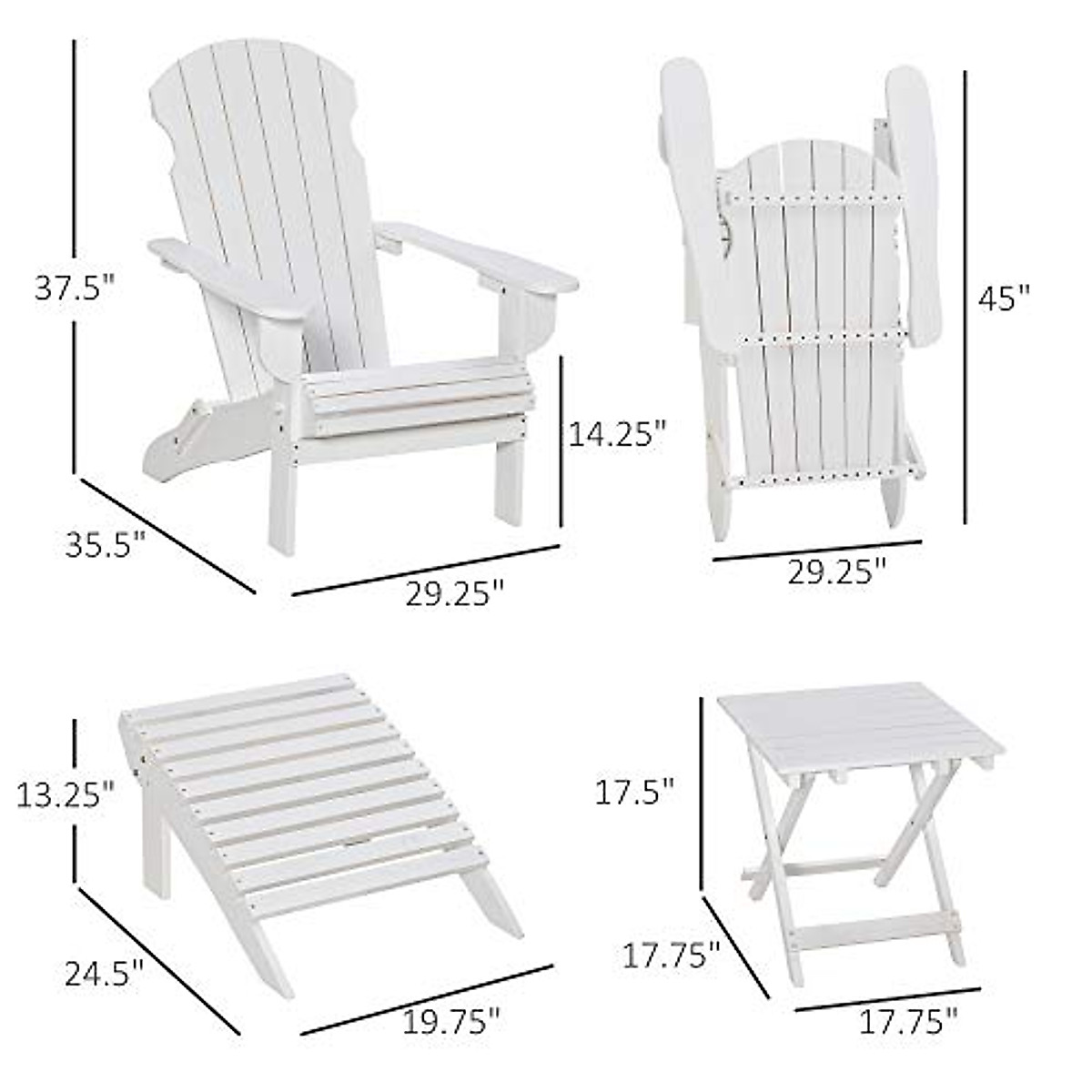Outsunny 3-Piece Folding Adirondack Chair with Ottoman and Side Table, Outdoor Wooden Fire Pit Chairs w/High-Back, Wide Armrests for Patio, Backyard, Garden, Lawn Furniture, White