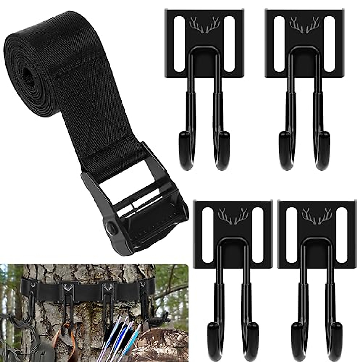 whumsdog Bow Hanger for Tree Stand, Treestand Strap Hunting Gear Hanger, Bow Hunting Tree Stand Accessories Holder with 4 Metal Hooks for Gears Bow Quiver Backpack Tree Saddle