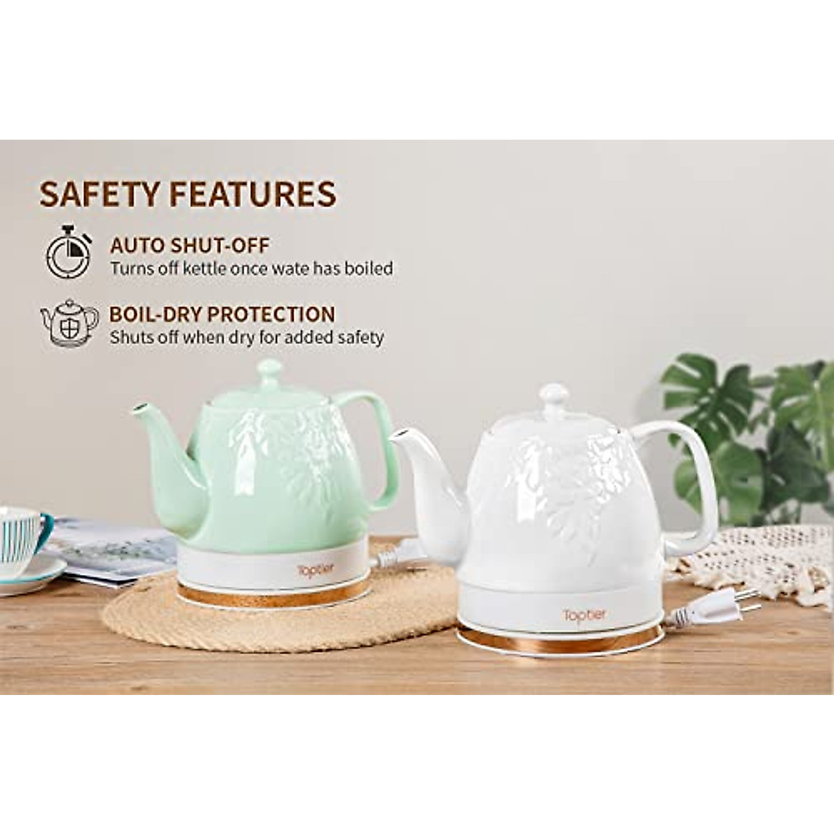 Toptier Electric Ceramic Tea Kettle, Boil Water Quickly and Easily, Detachable Swivel Base & Boil Dry Protection, Carefree Auto Shut Off, 1 L, White Leaf
