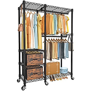 Memobarco Clothing-Rack, Heavy Duty Rolling Clothes-Rack, 4 Tiers Wire Shelving Garment Rack with 3 Hanging Rods & 2 Storage Drawers, Freestanding Portable Closet Wardrobe Clothes Organizer, Black