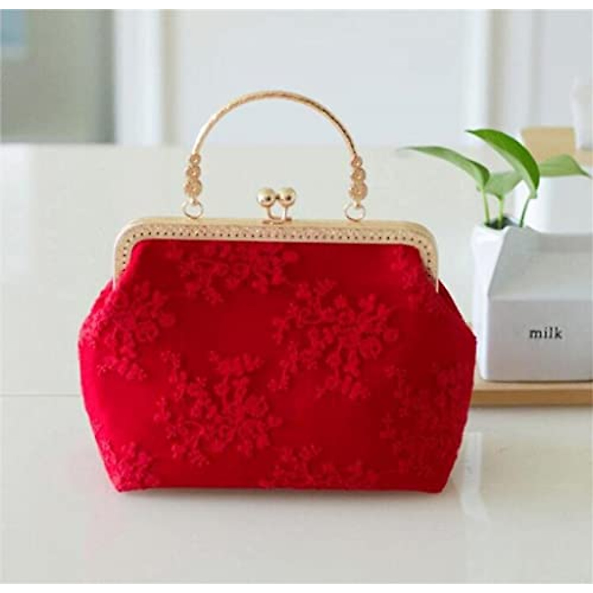 ZLXDP Women's Evening Dress Bag Women's Handbag Vintage red Handbag Metal Frame kiss Lock Shoulder Bag