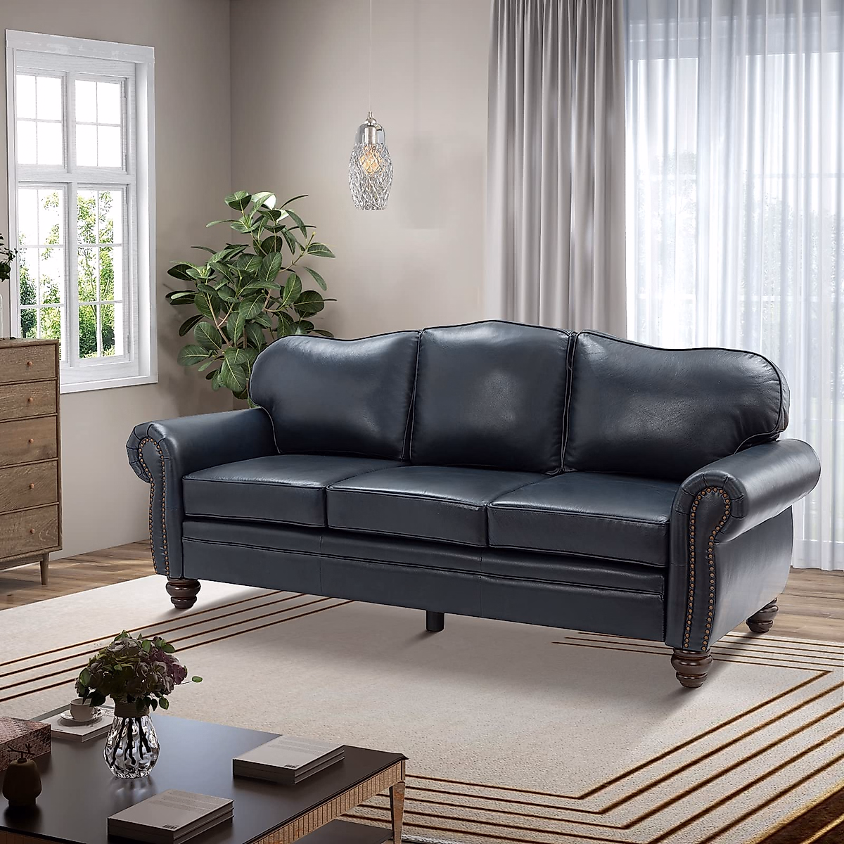 HULALA HOME 81'' Upholstered Leather Sofa with Removable Cushion, Mid-Century Modern Living Room 3-Seater Couch, Full Grain Leather Couch with Nailhead Trim and Rolled Arm for Bedroom Apartment, Navy