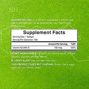 Vitamin K2 MK-7 with Virgin Coconut Oil, 180 Softgels - Vitamin K2 as Menaquinone-7 150 mcg | Advanced Vitamin K Supplement - Promotes Bone Health, Non-GMO, No Gluten