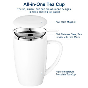 LOVECASA 16 OZ Tea Mug with Infuser and Lid, Tea Infuser Mug with Handle Ceramic Mug with Filter for Tea, Milk, Coffee, Loose Leaf Tea Infusers, White