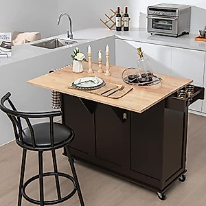 GOFLAME Kitchen Island Cart with Drop Leaf, Rolling Kitchen Cart on Wheels with Rubber Wood Top, 3 Drawers, Towel & Spice Rack, 2-Door Cabinet, Serving Trolley Cart for Kitchen Dining Room (Brown)