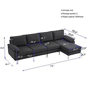 Reversible Sectional Sofa L-Shaped Deep Seated 4-Seater Modern Linen Sofa Couch with Chaise Lounge Iron Feet Indoor Modular Sofa for Living Room (Black)