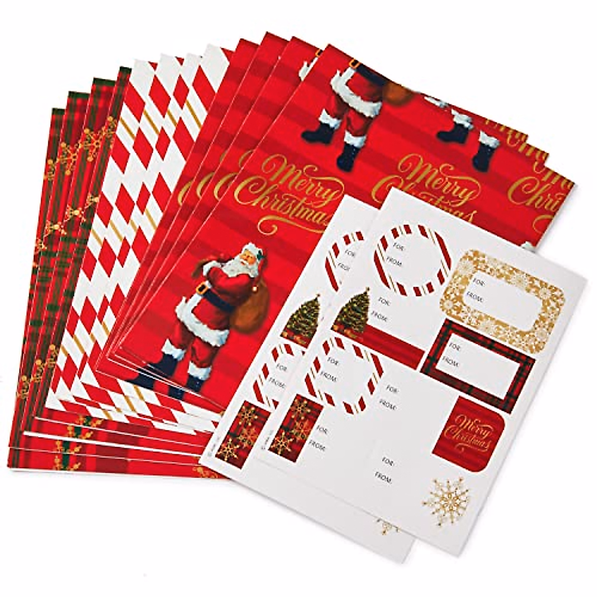 Hallmark Flat Christmas Wrapping Paper Sheets with Cutlines on Reverse and Gift Tag Seals (12 Folded Sheets, 16 Gift Tag Stickers) Red, White and Gold Stripes, Santa Claus, Snowflakes on Plaid