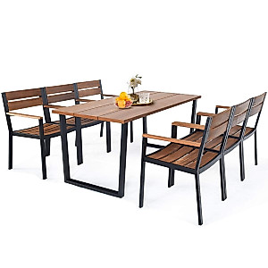 HAPPYGRILL 7 Piece Patio Dining Set Outdoor Dining Furniture with 6 Armchair Heavy Duty Steel Frame Acacia Wood Table Top Umbrella Hole Patio Furniture Set for Backyard Garden Poolside
