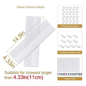 Momoi 42Pcs Drawer Dividers,Adjustable Drawer Organizer with Fixed Buckle,14.9in*4.33in,Drawer Organizer for Socks, Underwear, Makeup, Kitchen, Bedroom, Dresser,White(38 * 11cm 42PCS)