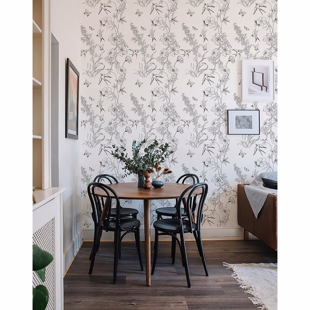HomKihapai Vintage Wallpaper- Black and White Wallpaper Floral Peel and Stick Wallpaper Modern Bird Wallpaper for Bathroom Waterproof Contact Paper (Black and White, 118"X17.4")