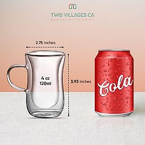 Two Villages CA 4 Oz Double Wall Borosilicate Insulated Glass Coffee Mug Set of 6, 120ml Coffee Cups with Handle for Tea, Latte - Perfect Espresso Cup Gift