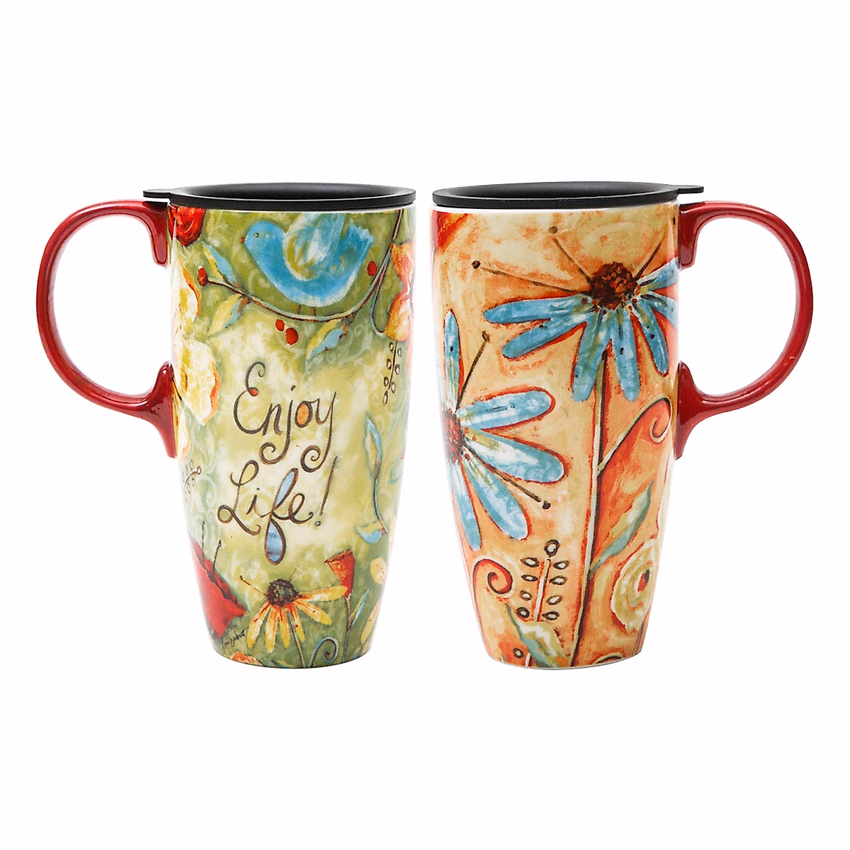 CEDAR HOME Travel Coffee Ceramic Mug Porcelain Latte Tea Cup With Lid in Box 17oz., Flower Enjoy Life, 2 Pack
