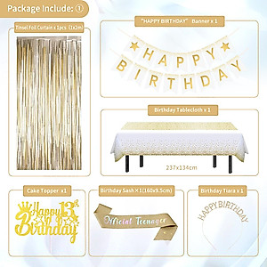 13th Birthday Decorations for Girls, White and Gold Balloons Happy 13th Birthday Decorations Girl, Happy Birthday Banner, Tiara Crown, Sash, Tablecloth Fringe Curtain for Official Teenager Decorations