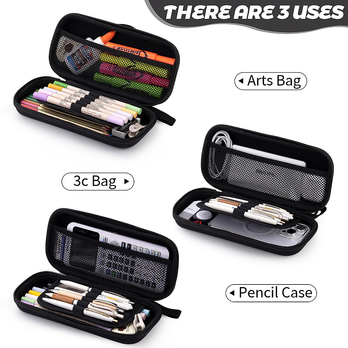 EASTHILL Hard Large Capacity Pencil Case Box, Durable Pen Pouch Bag with Zipper Compartments for Office Organizer Adluts-Black