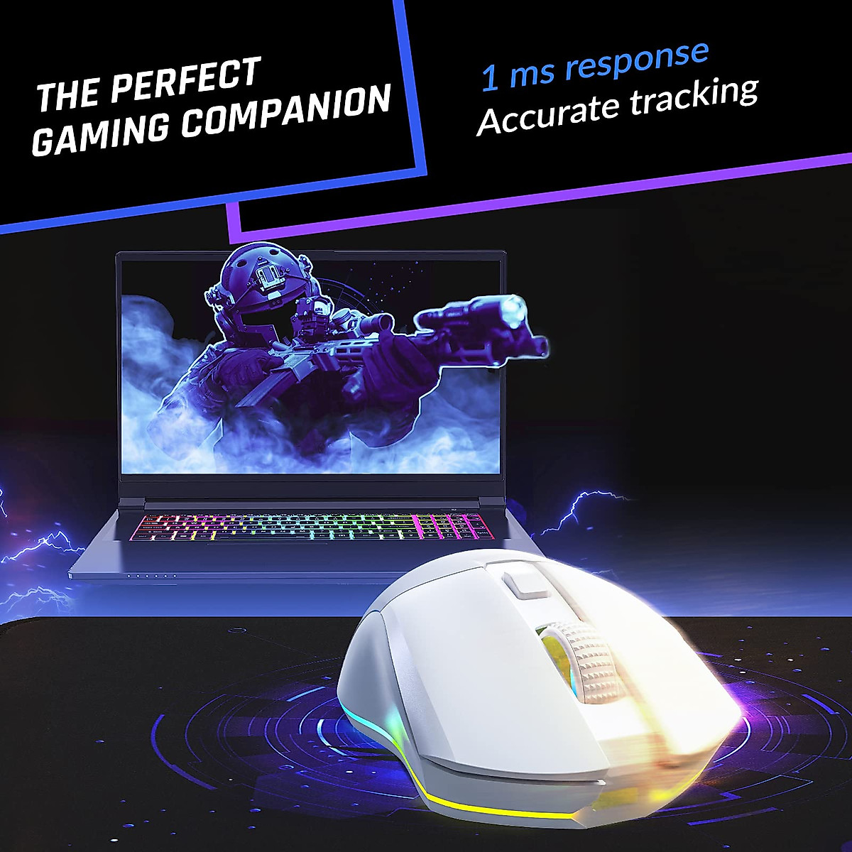 KLIM Blaze Pro Rechargeable Wireless Gaming Mouse with Charging Dock RGB - New Version - High-Precision Sensor and Long-Lasting Battery - Up to 6000 DPI - Great PC Gaming Mouse Wireless - White