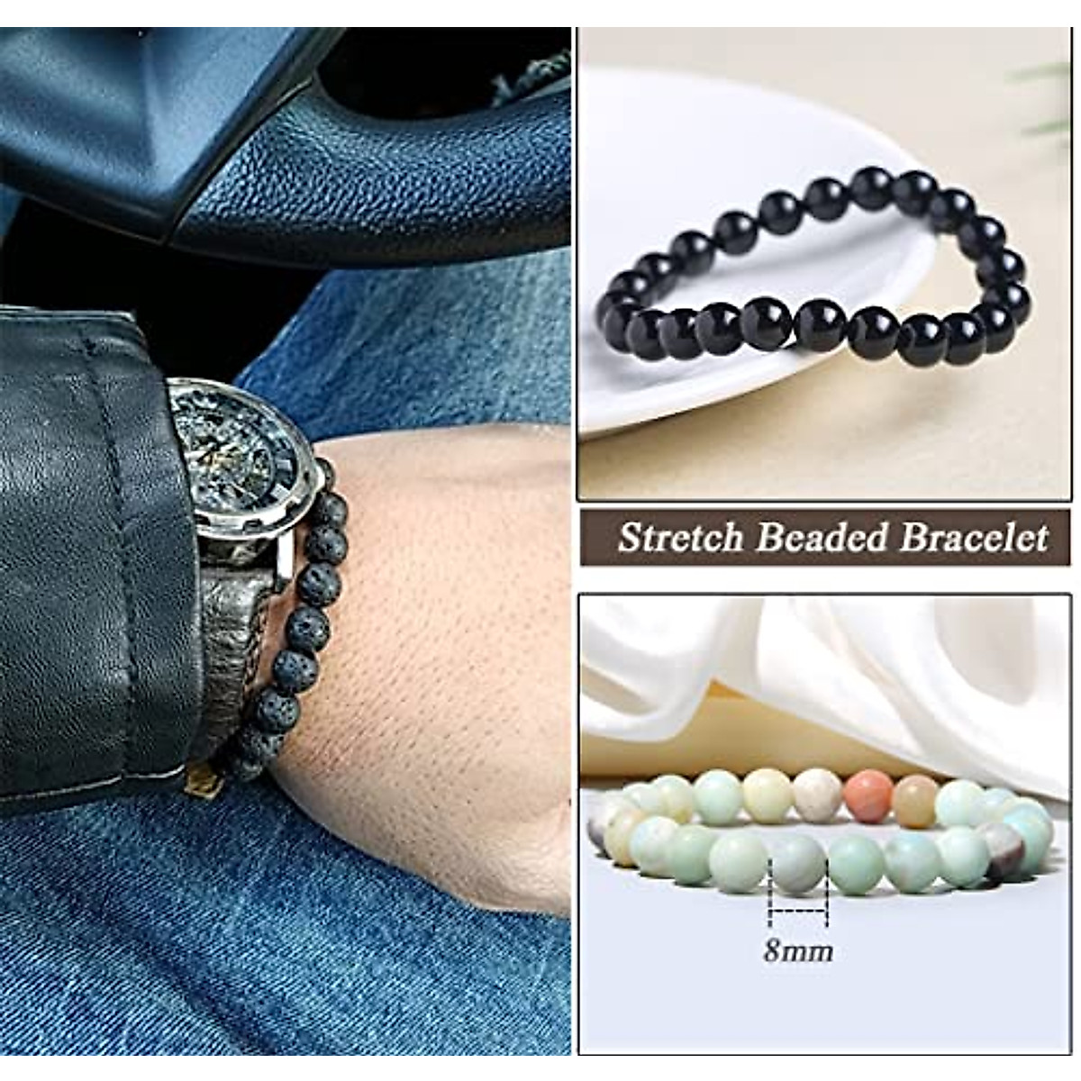 Jewdreamer 12Pcs 8mm Semi-Precious Gemstone Bracelet Healing Crystal Stone Beaded Bracelets for Women Men Unisex Adjustable Bead Stretch Bracelets Set