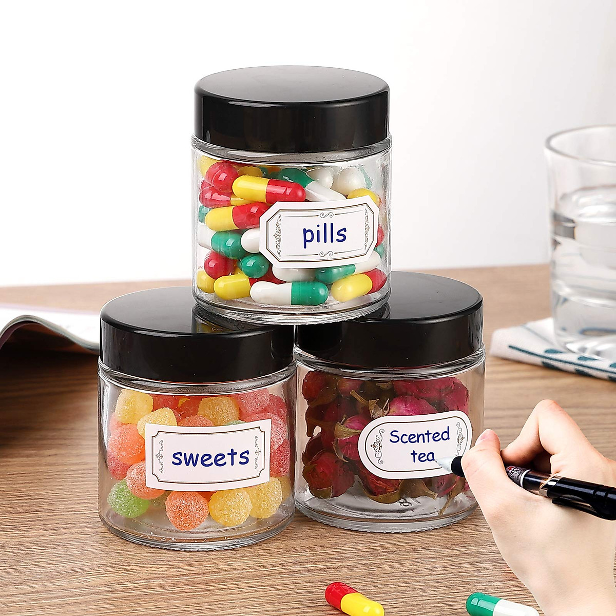 15 Pack 4 oz Clear Glass Jars with Lids, Round Empty Containers for Scrubs, Lotions, Cosmetic, Ointments and Butters, Travel Storage Jar with White Inner Liners £¬Black Lids, lables and Spatulas