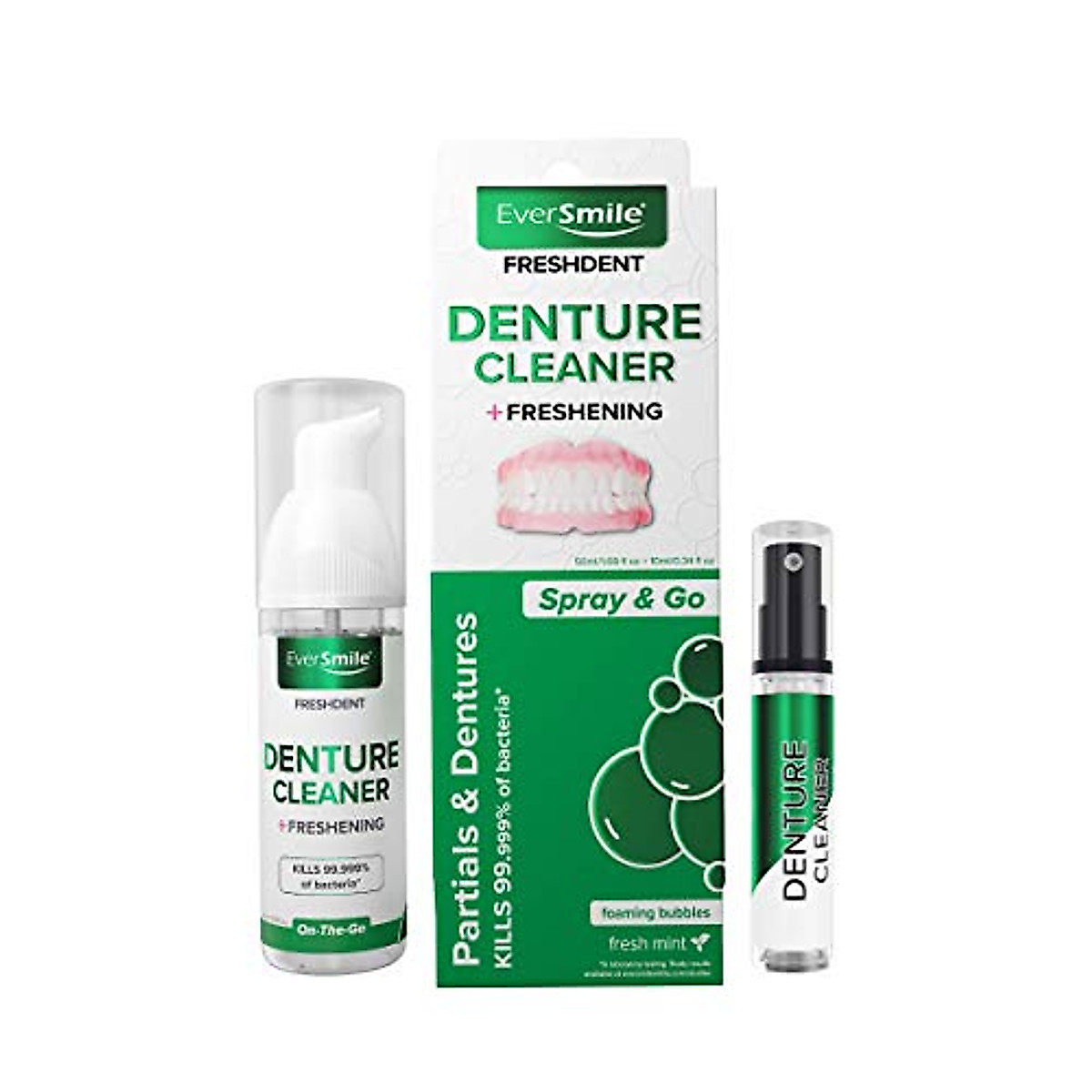 FreshDent Denture & Partial Cleaner - On The Go Dental Cleaning & Teeth Whitening Spray. Kills Bacteria & Freshens Bad Breath Mint Flavored (4pk)