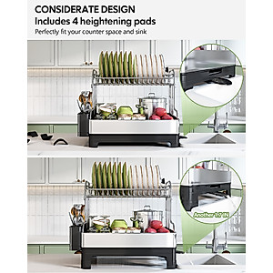 BOOSINY Dish Drying Rack, 304 Stainless Steel 2 Tier Large Dish Rack and Drainboard Set with Swivel Spout Drainage, Full Size Dish Drainer with Utensil Holder for Kitchen Counter of Big Family