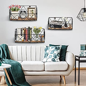 Kingrol 3 Pack Floating Shelves Wall Mounted, Metal Storage Racks, Rustic Wood Shelves for Living Room, Bathroom, Kitchen, Office, Farmhouse Decoration