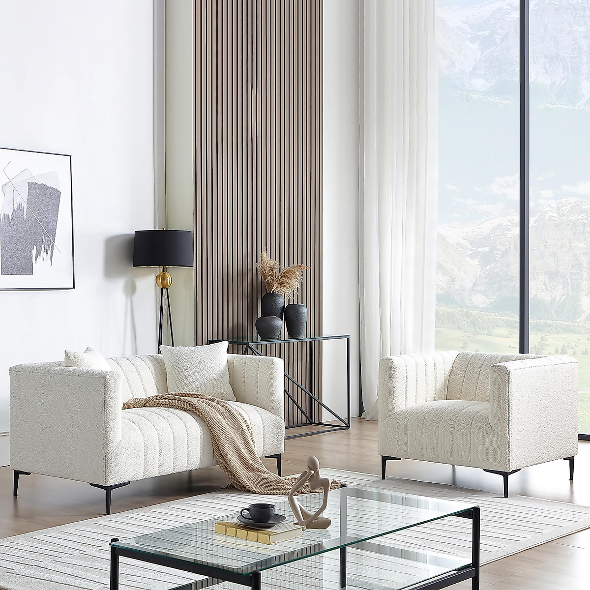 Get Set Style Modern Accent Loveseat Sofa Couch, Tufted Bouclé Upholstered Sherpa Deep Seat Cloud Couch with 2 Pillows, Comfy 2 Seater Love Seat for Living Room Apartment Office Lounge Studio (White)