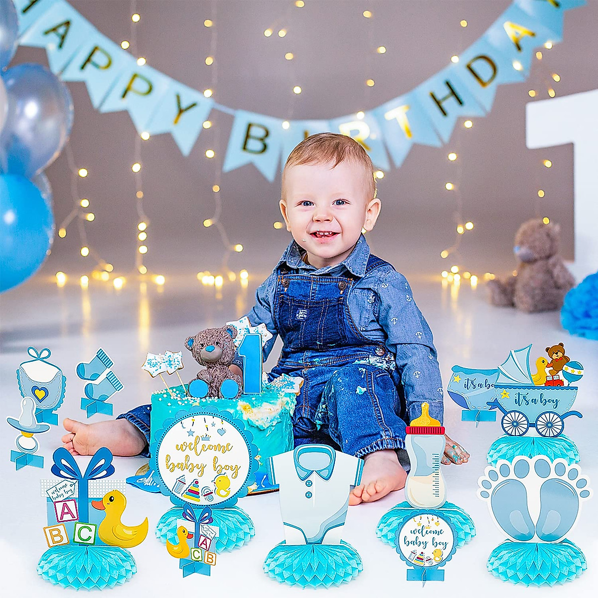 OSNIE 12Pcs It's a Boy Baby Shower Themed Honeycomb Centerpieces Table Topper for Baby Boys Welcome Baby Boy Cutouts Gender Reveal Party Decorations Infant Baby Party Favors Photo Booth Props (Blue)