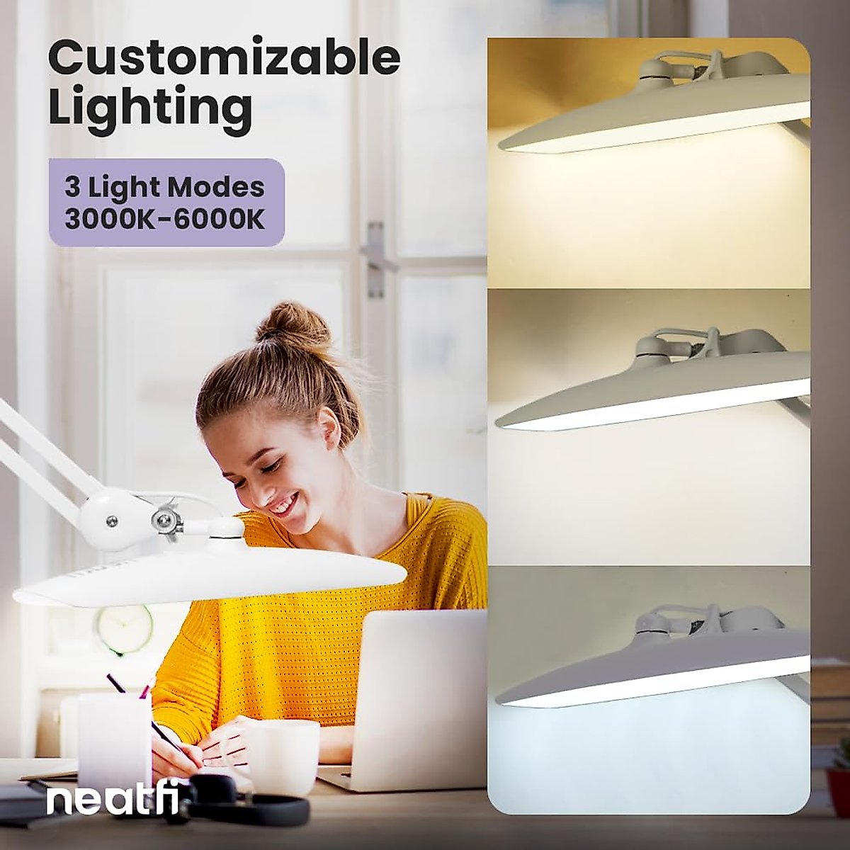 Neatfi XL 2,200 Lumens LED Task Lamp, 24W, 117 Pcs SMD LED, Dimmable, 4 Level Brightness, 3 Light Modes, Desk Light for Home, Office, Workbench (CCT, White)